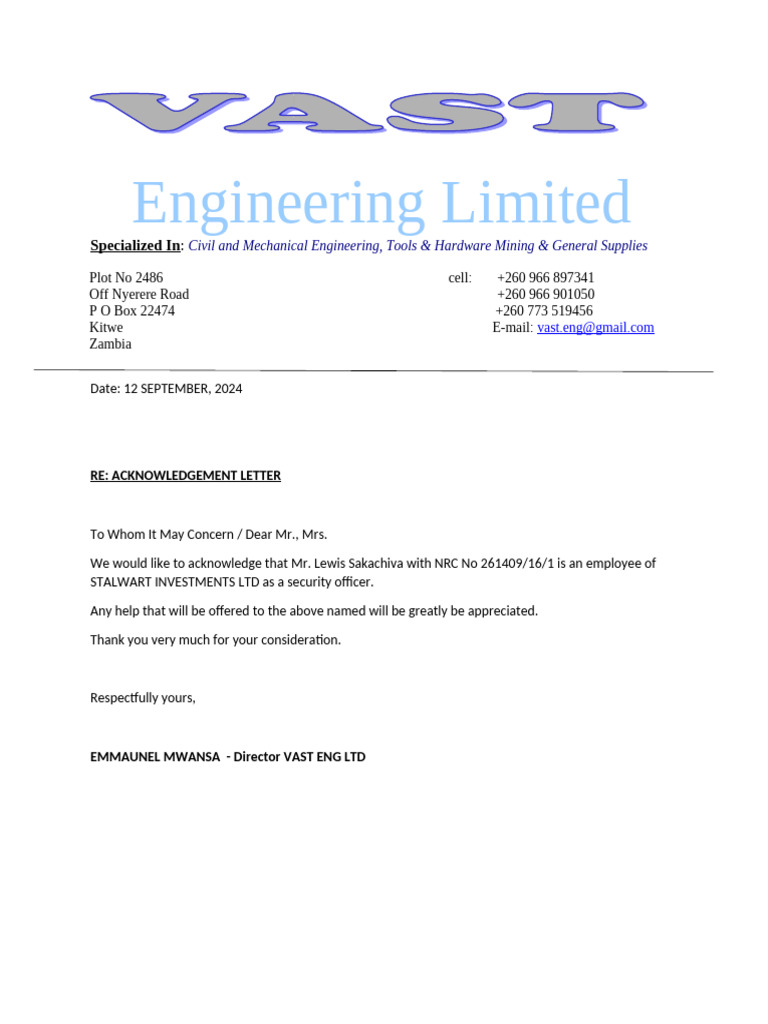 Acknowledgement Letter | PDF