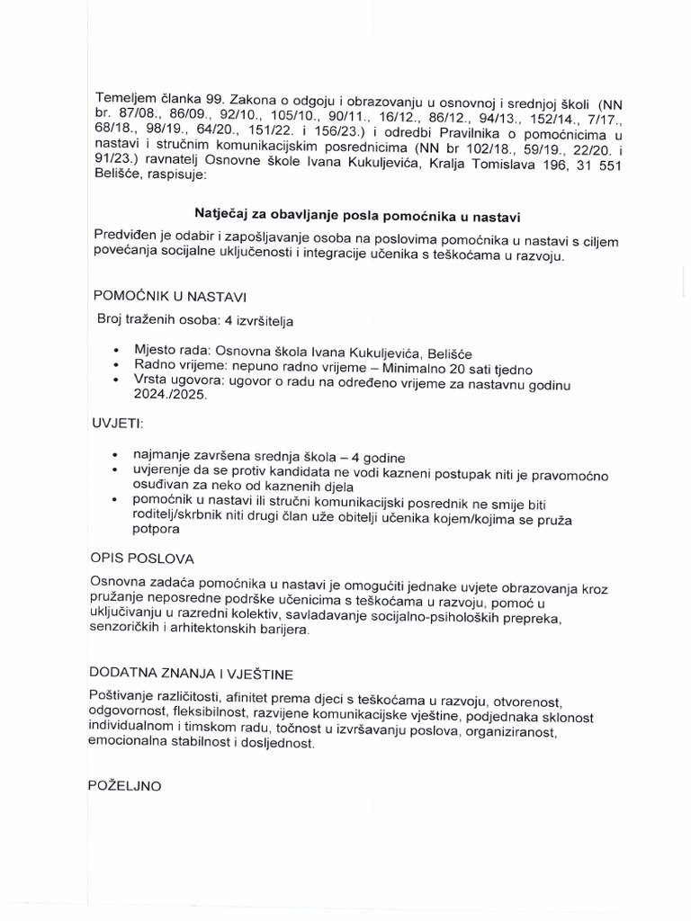 Natjecaj Pomocnici U Nastavi | PDF