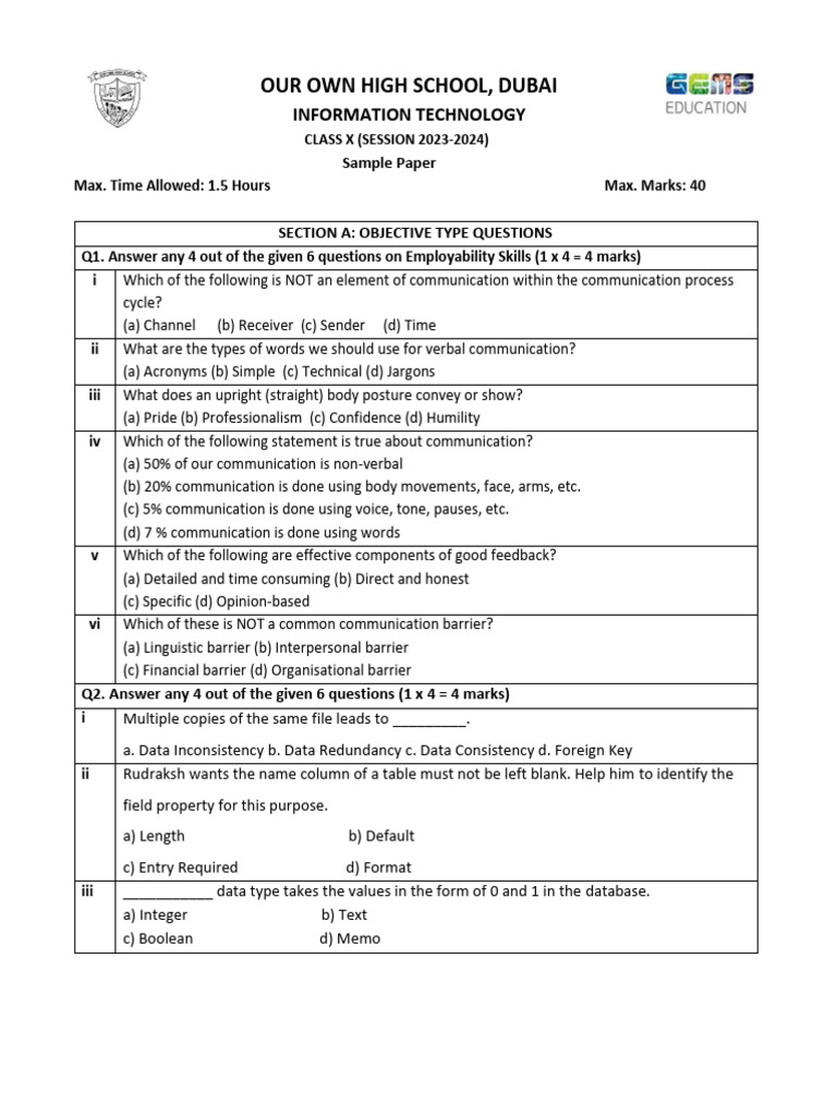 Sample Question Paper - Information Technology 2024 | PDF | Relational Model | Databases