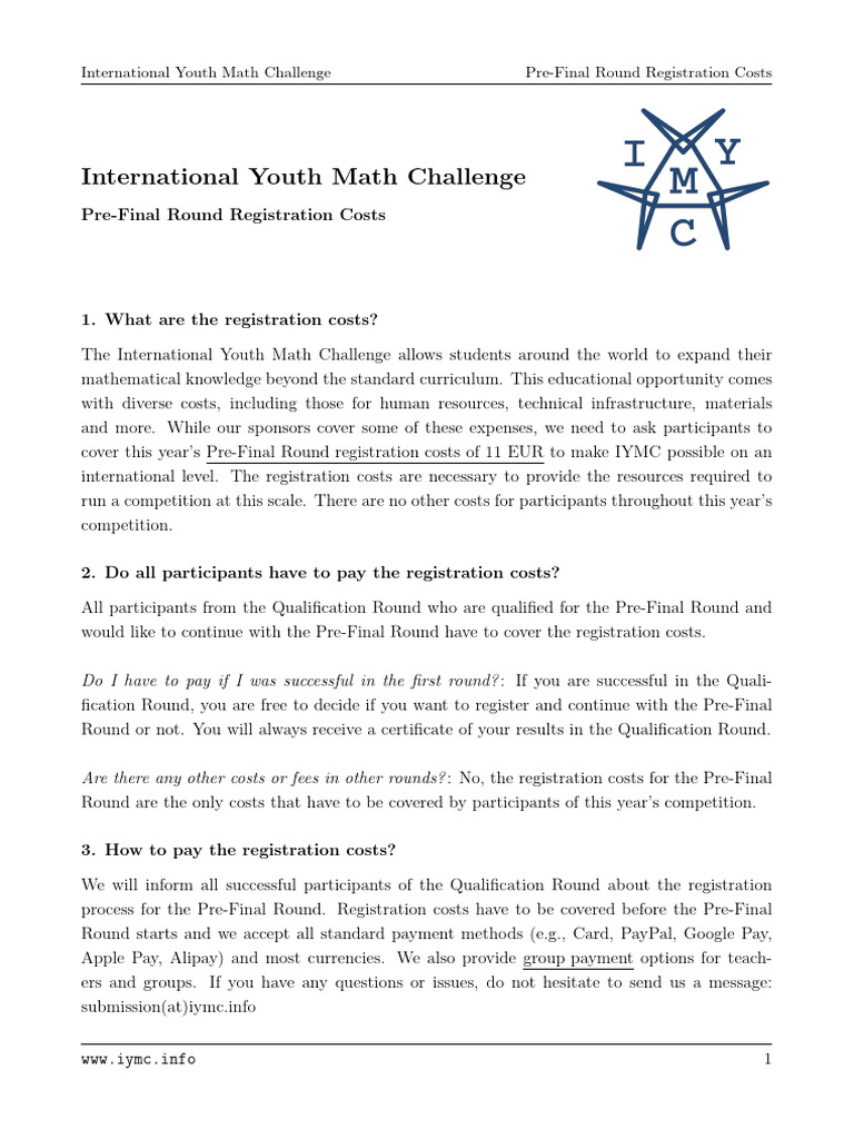 IYMC Registration Costs | PDF