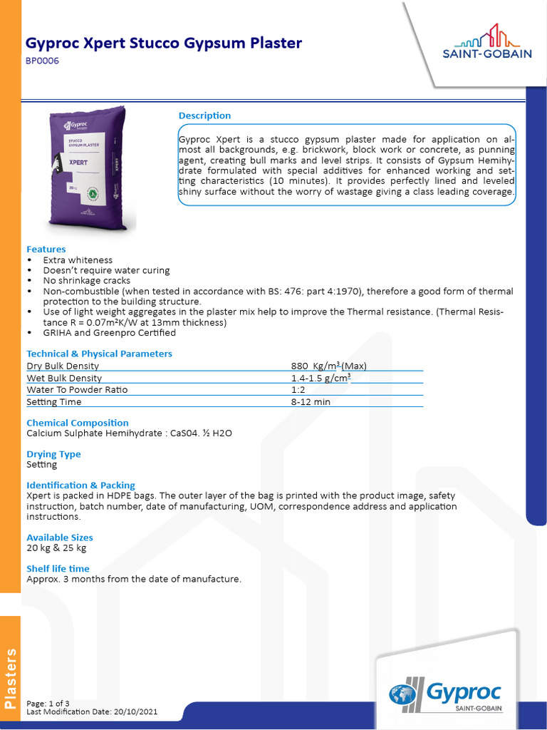 Gyproc Xpert Stucco Gypsum Plaster | PDF | Plaster | Concrete