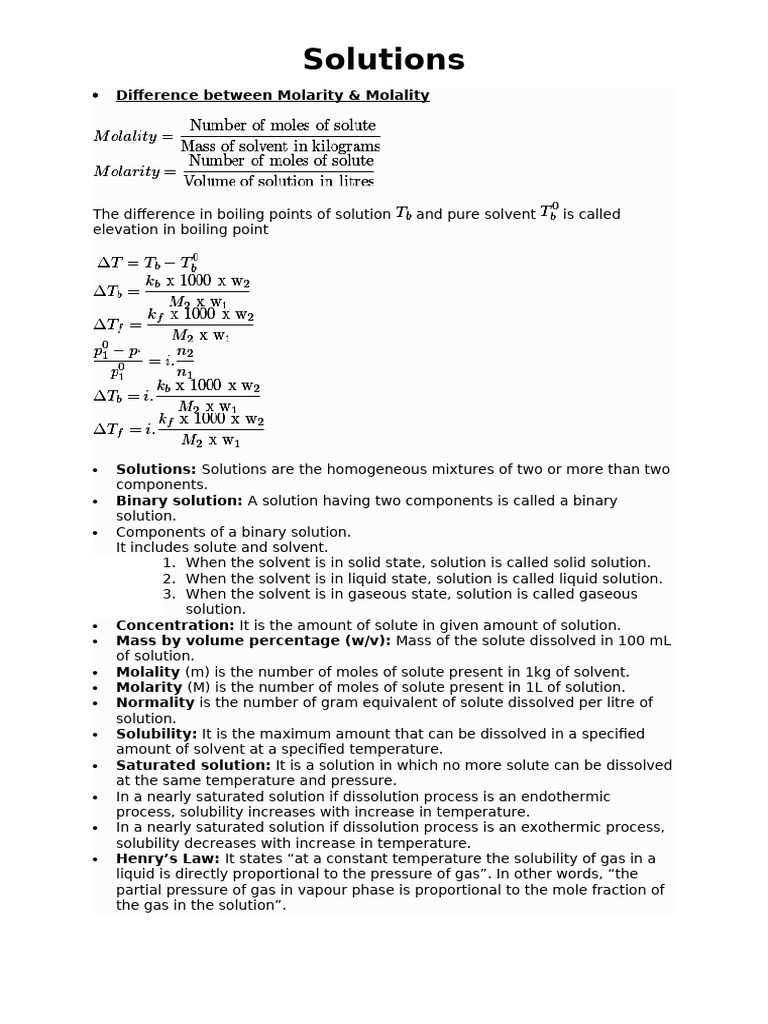 Chapter 2 Chemistry Class 12 - Formula - Sheet | PDF | Osmosis | Solubility