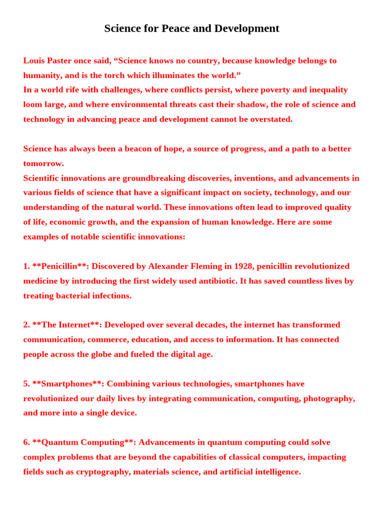 Science For Peace and Development | PDF | Science | Innovation