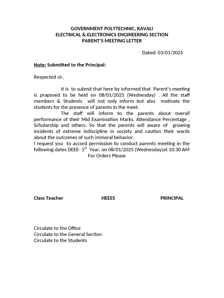 Parents Meeting Letter Format | PDF