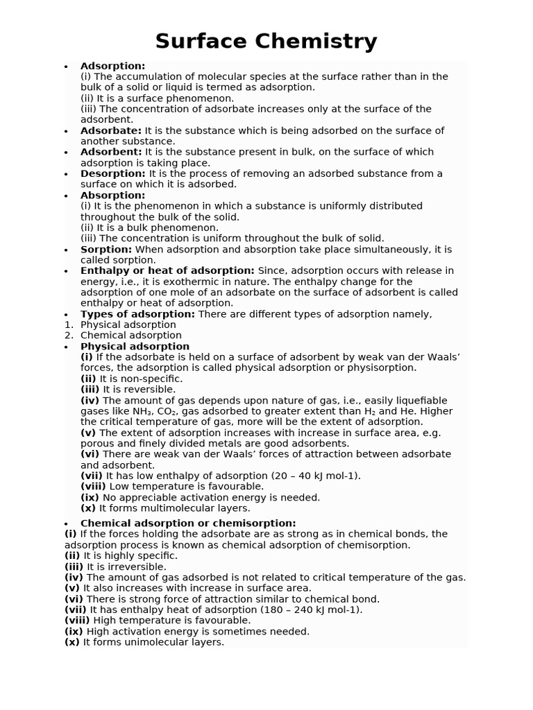 Chapter 5 Chemistry Class 12 - Formula - Sheet | PDF | Adsorption ...