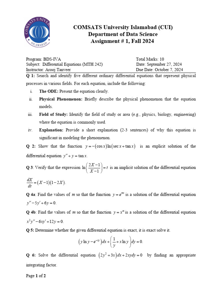 Assignment 1 DE | PDF | Equations | Differential Equations