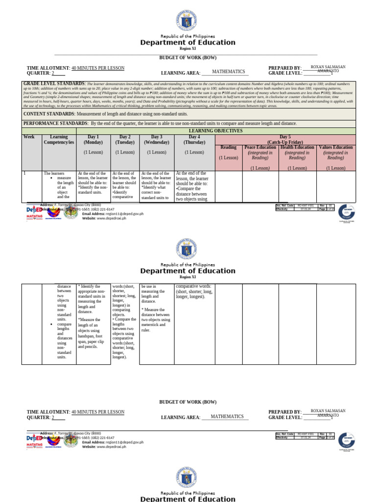 Grade 1 Math Budget of Work Guide | PDF | Learning | Mathematics