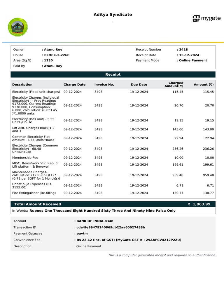 Aditya Syndicate Payment Receipt Details | PDF | Rupee | Receipt