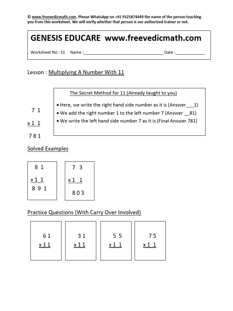 Vedic Math Worksheet 2 - Multiplication With Series of 1 | PDF