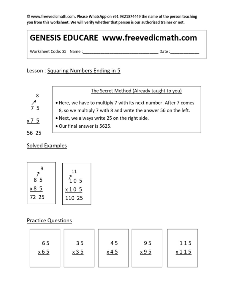 Vedic Math Worksheet 1 - Squaring Numbers Ending in 5 | PDF