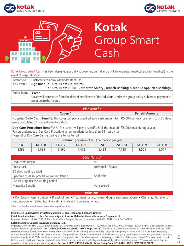 Kotak Group Smart Cash - 3399 | PDF | Insurance | Underwriting