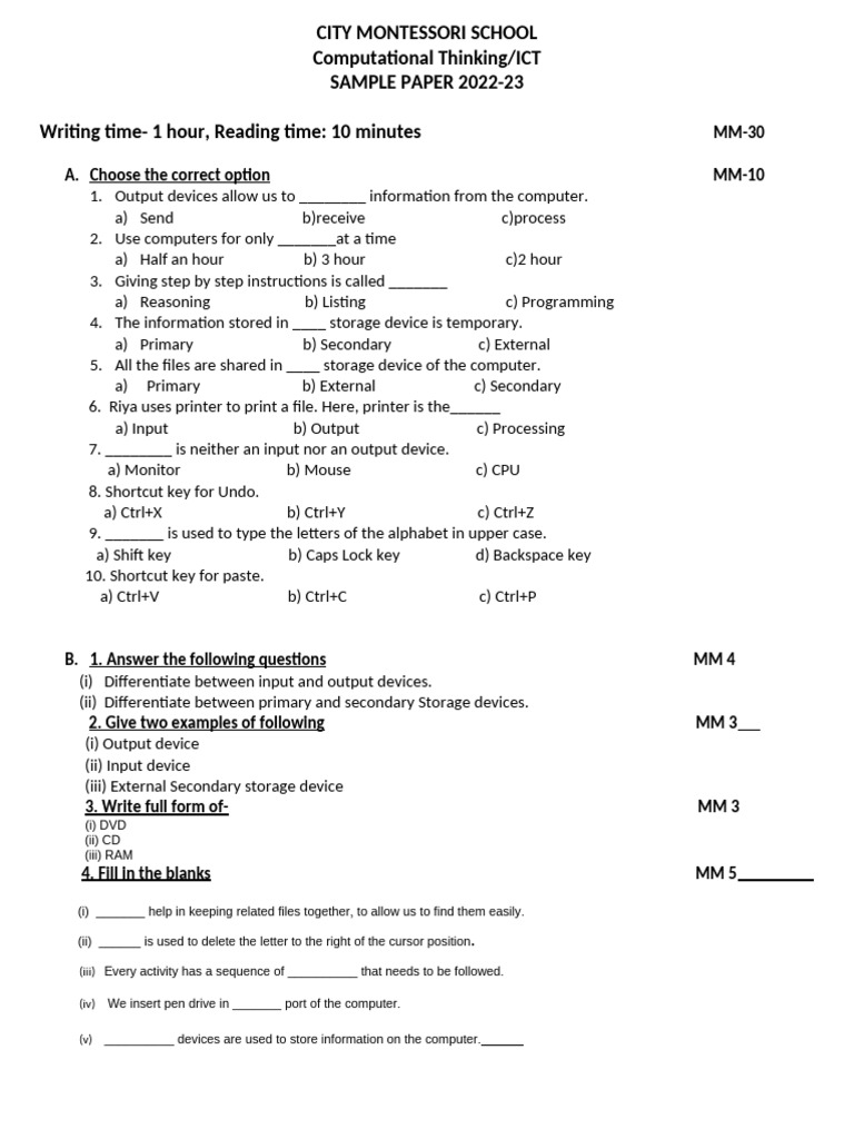 CLASS 3 COMPUTER SAMPLE PAPER | PDF | Input/Output | Computer Data Storage CLASS 3 COMPUTER SAMPLE PAPER | PDF | Input/Output | Computer Data Storage