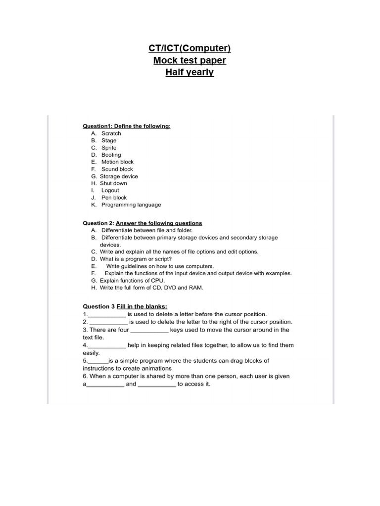COMPUTER MOCK TEST Half yearly exam | PDF