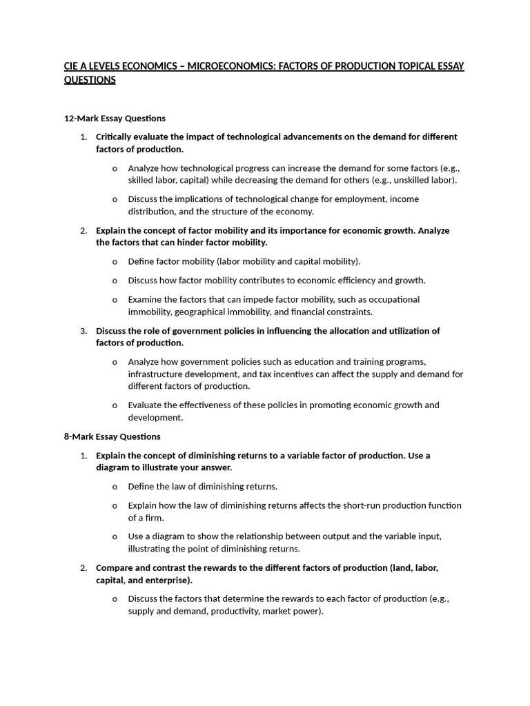 CIE A LEVELS ECONOMICS Factors of Production 8 and 12 Mark Essay ...