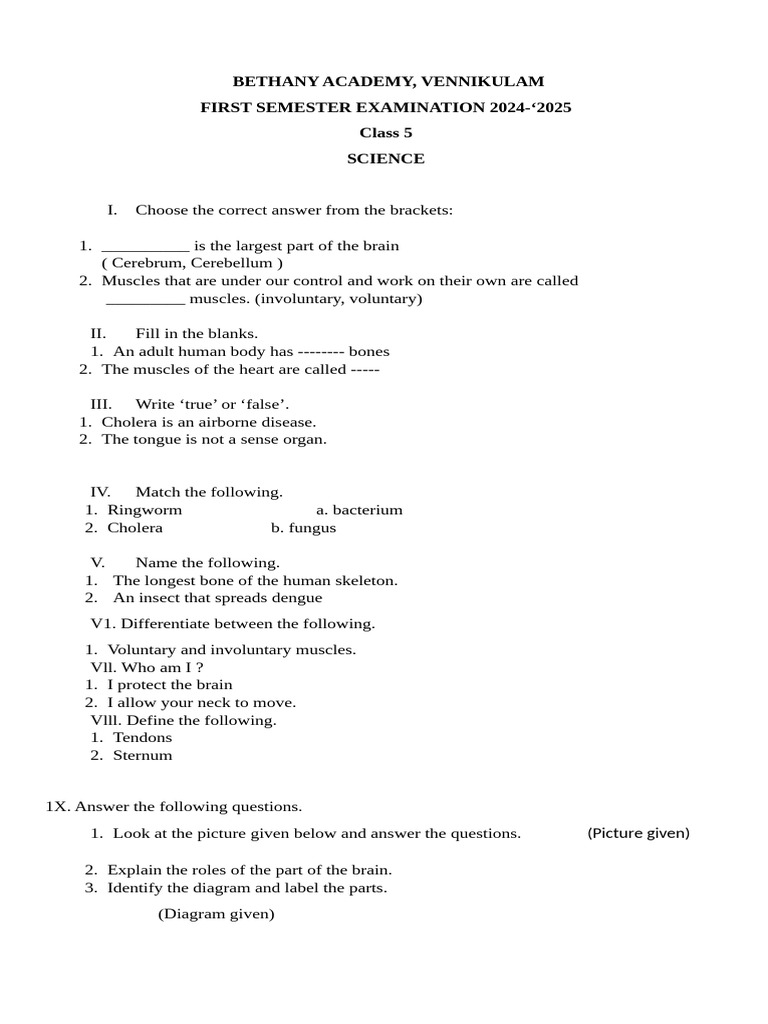Class 5 Science First Term Exam Paper | PDF