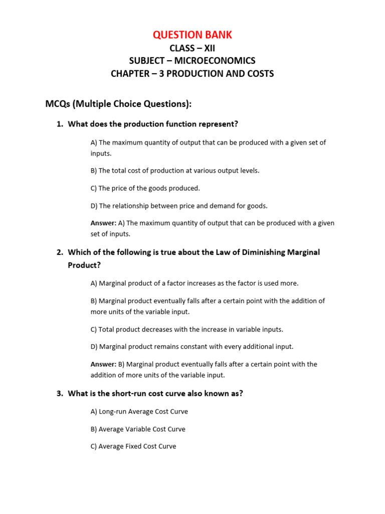 Class - 12 Eco CH-3 Question Bank | PDF | Marginal Cost | Long Run And Short Run