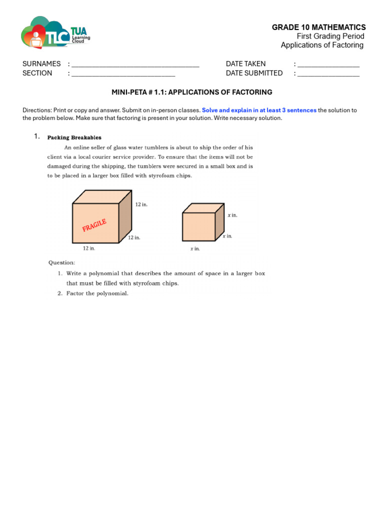 Mini-Peta # 1.1 - Applications of Factoring | PDF