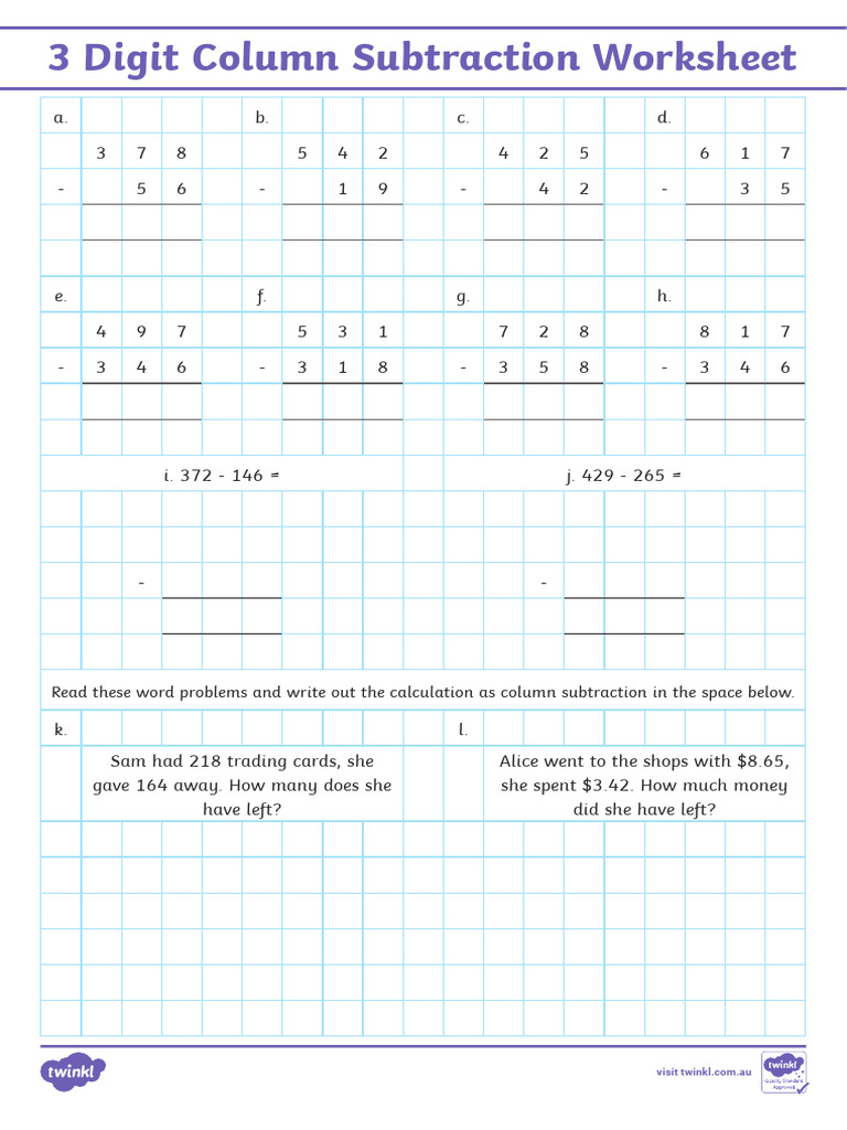 Au N 2549437 3 Digit Column Subtraction Worksheet - Ver - 2 | PDF
