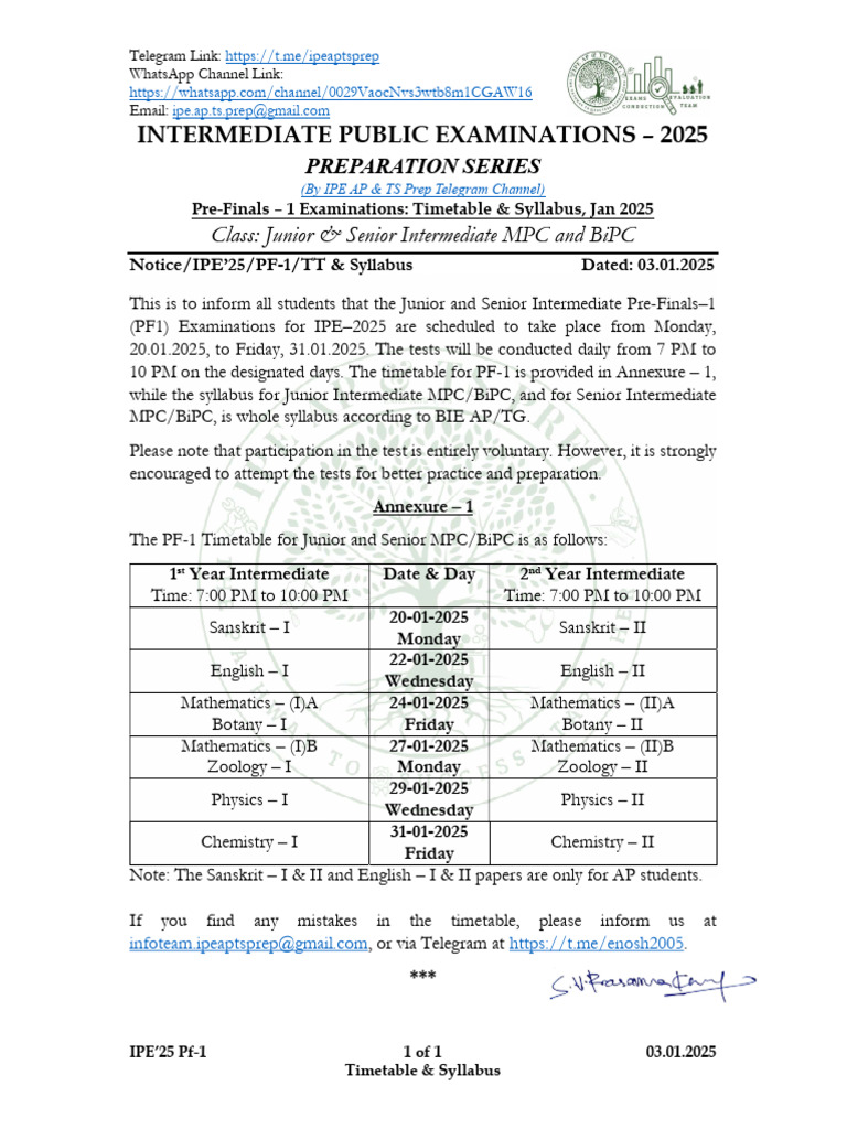 IPE'25 PF-1 JR - SR Timetable | PDF