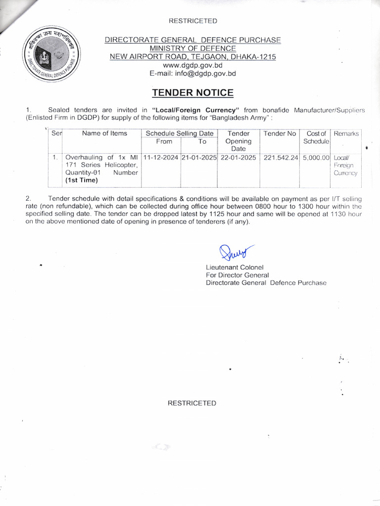 DGDP Tender - Overhauling of 1 X MI 171 Series Helicopter | PDF