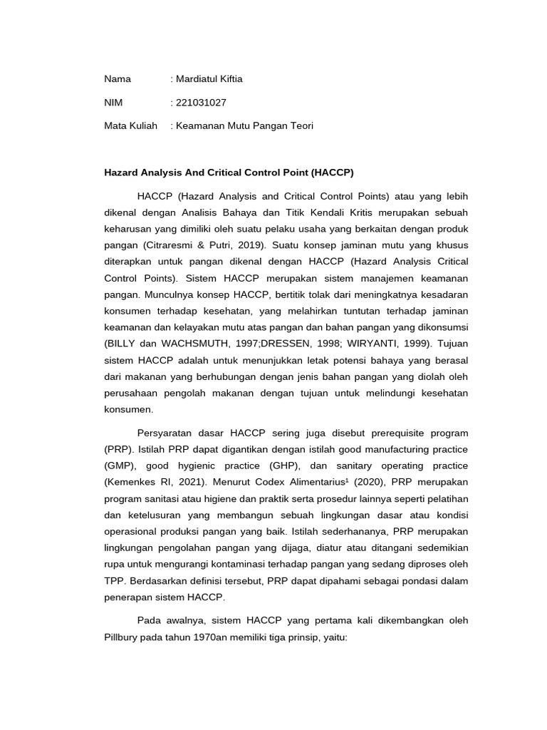 Mardiatulkiftia 221031027 Resume Kmp Haccp | PDF