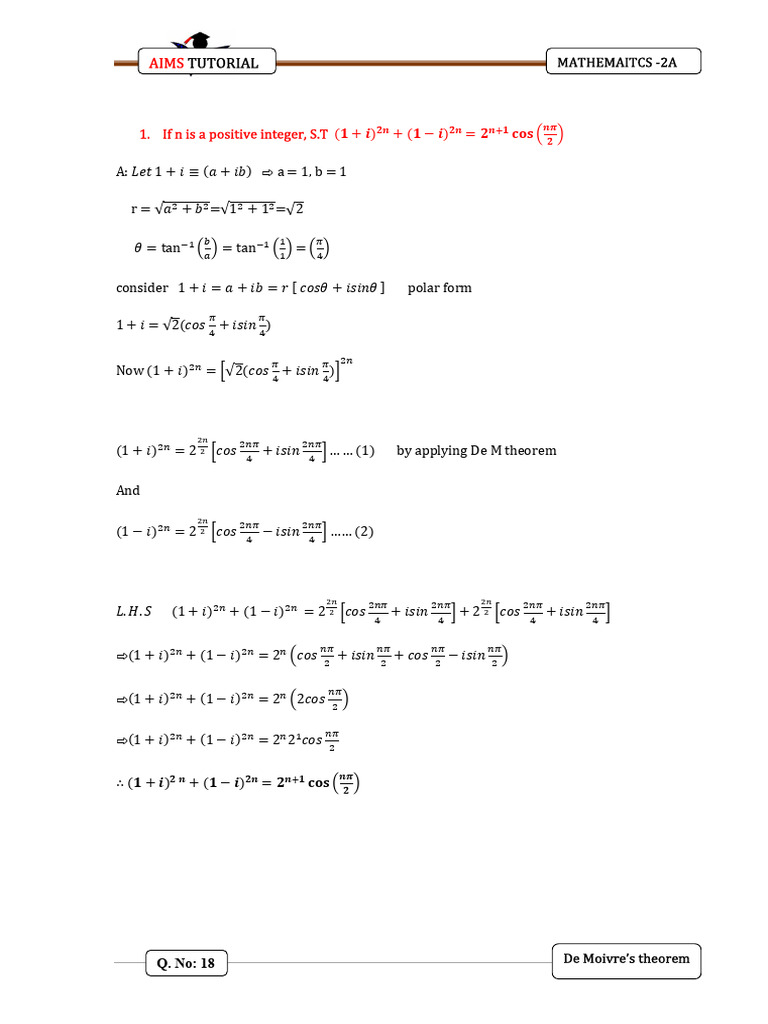 18 de Moivre's Theorem LAQ's QNO 18 | PDF | Discrete Mathematics | Elementary Mathematics