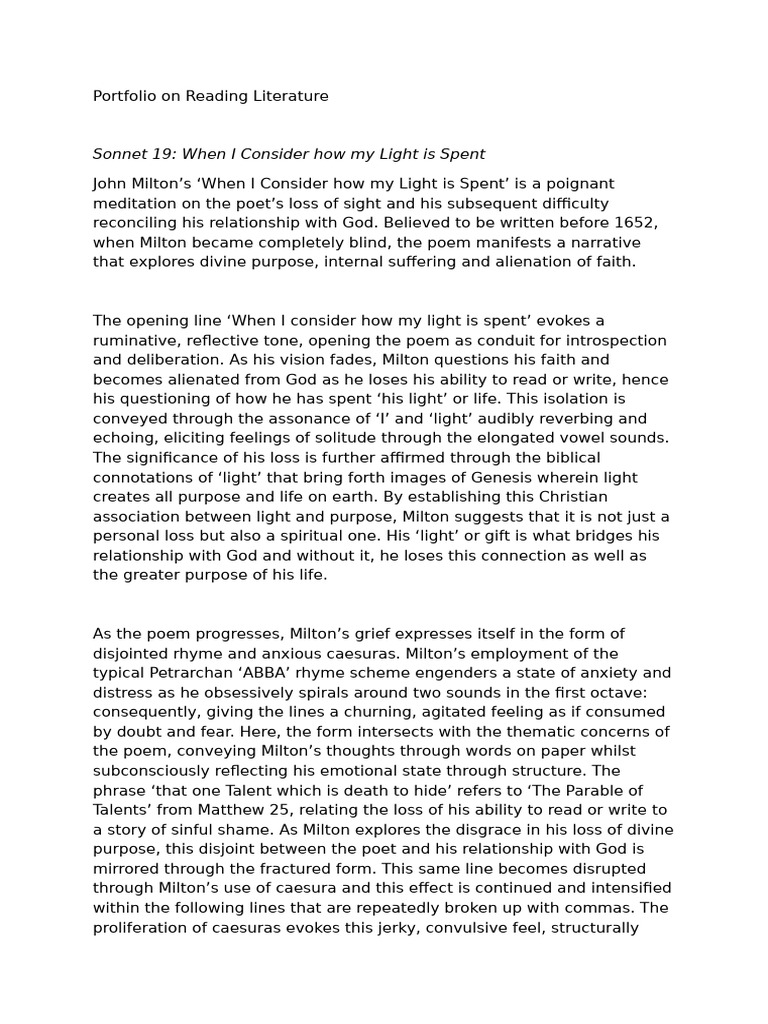 Draft One 500 Close Reading | PDF | Poetry | John Milton