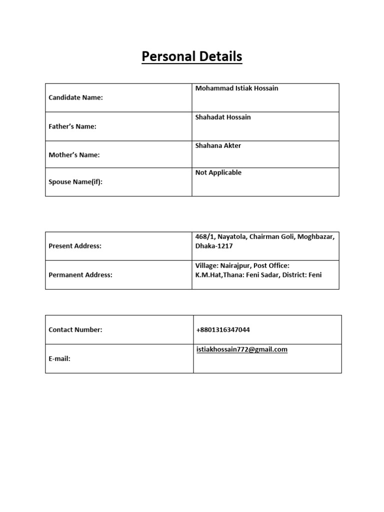 Personal Details of Istiak Hossain | PDF