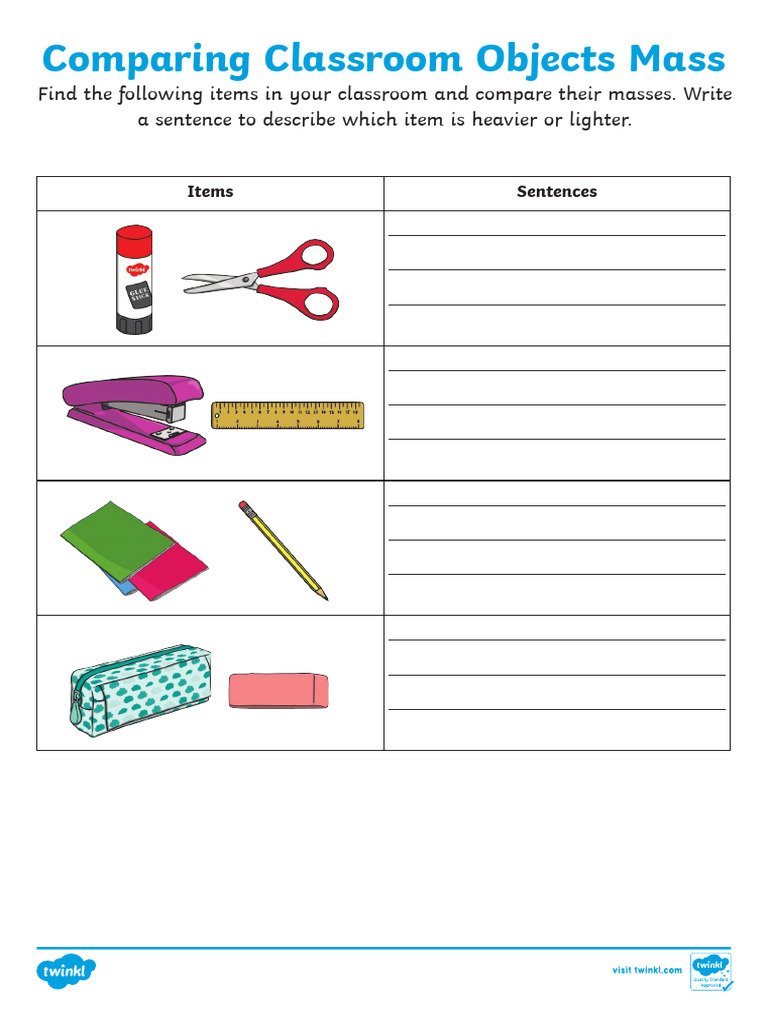 Au N 568 Comparing Classroom Objects Mass Activity Sheet | PDF