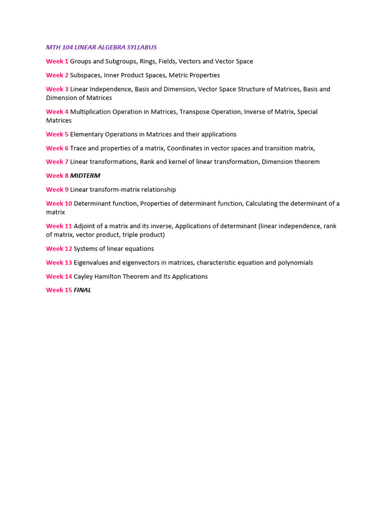 MTH 104 Linear Algebra Course Outline | PDF