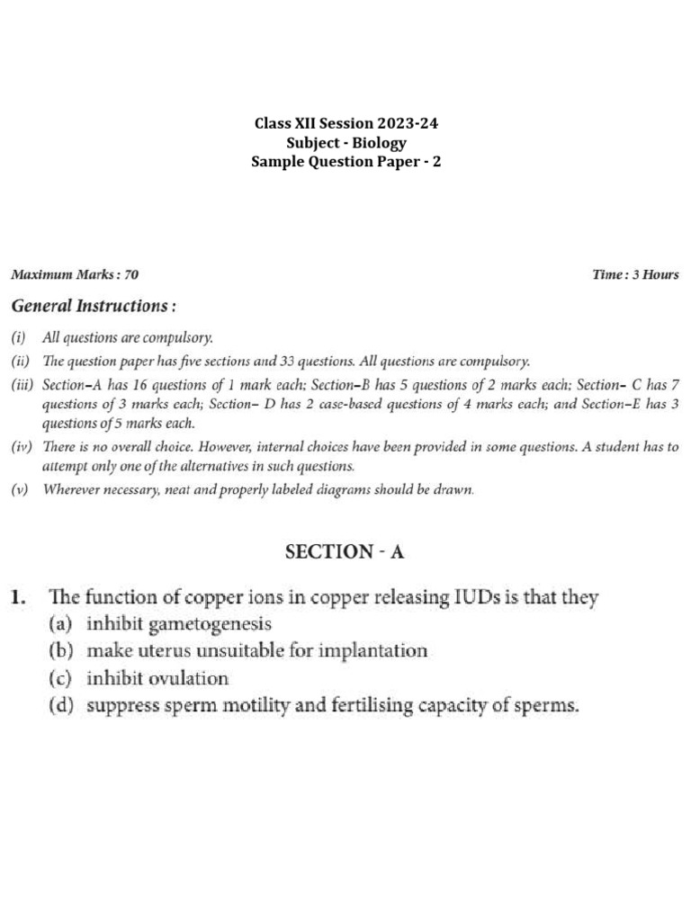 Biology Class Xii Sample Paper 02 | PDF