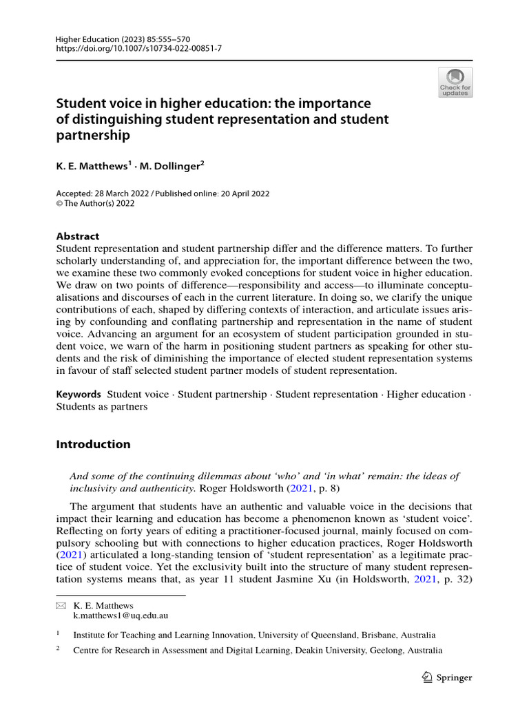 Student Voice in Higher Education: The Importance of Distinguishing ...