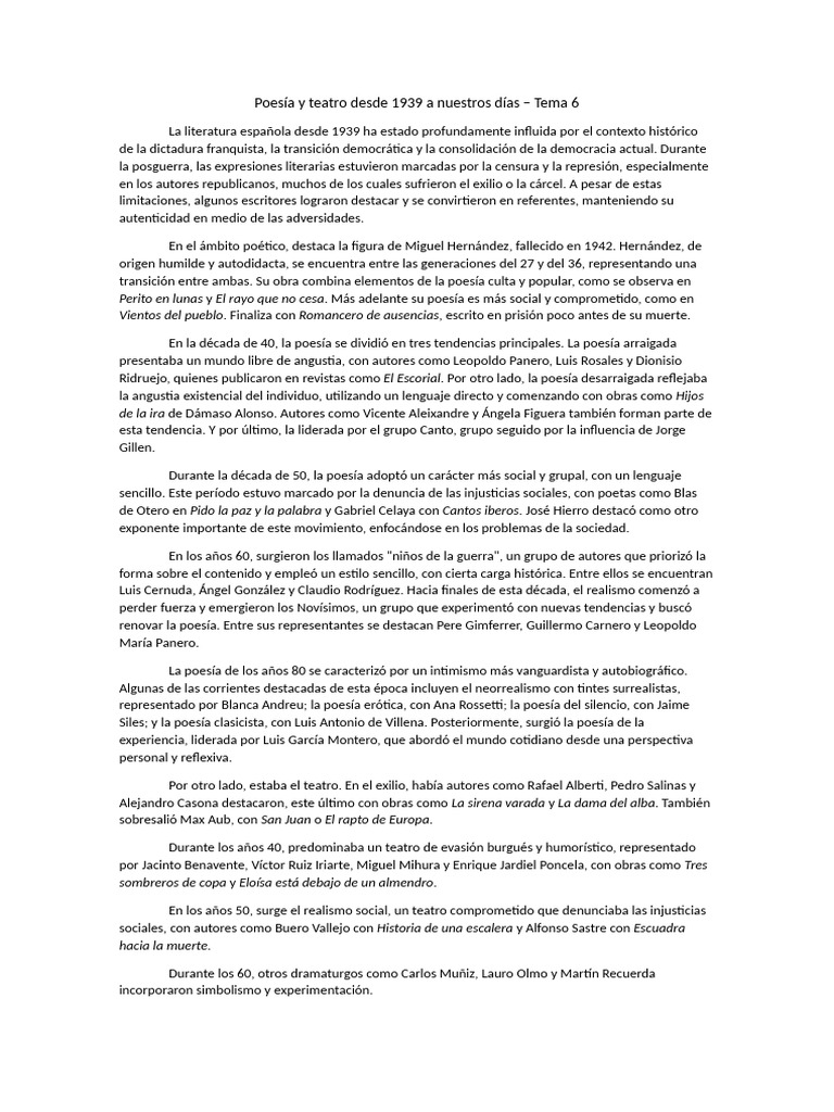 Poesía y Teatro Desde 1939 A Nuestros Días - Tema6 | PDF | Literatura ...