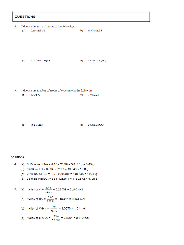 2 Molar Mass Moles and Mass Questions From Old Essentials (1) | PDF