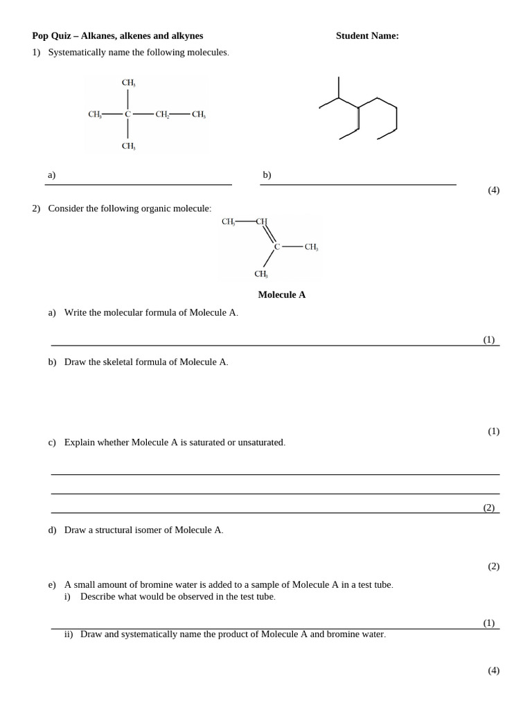 2 Pop Quiz - Alkanes, Alkenes and Alkynes | PDF | Molecules | Alkene