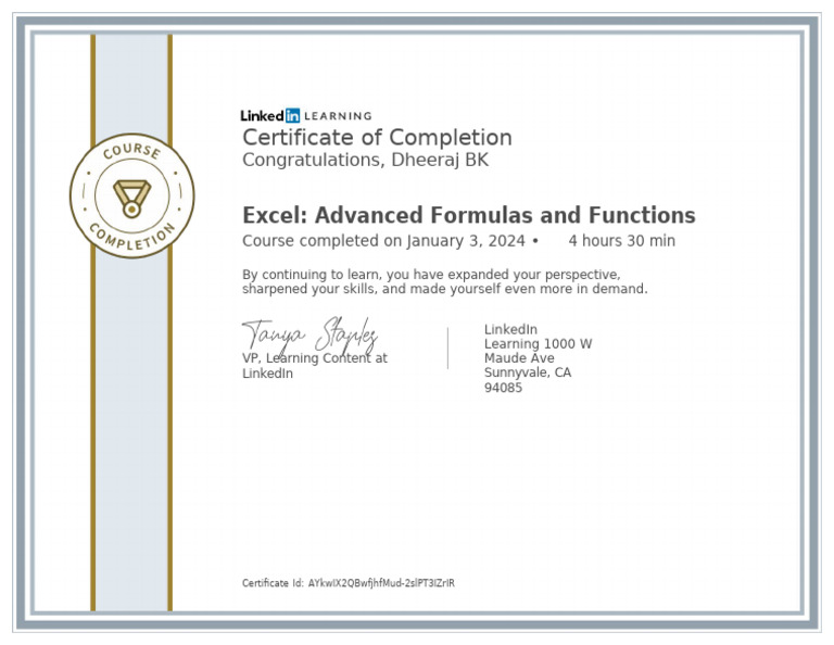 CertificateOfCompletion - Excel - Advanced Formulas and Functions | PDF