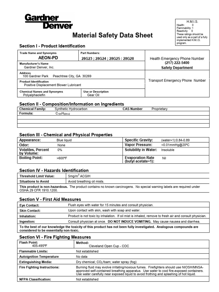 AEON-PD Synthetic Lubricant MSDS | PDF | Resource Conservation And ...