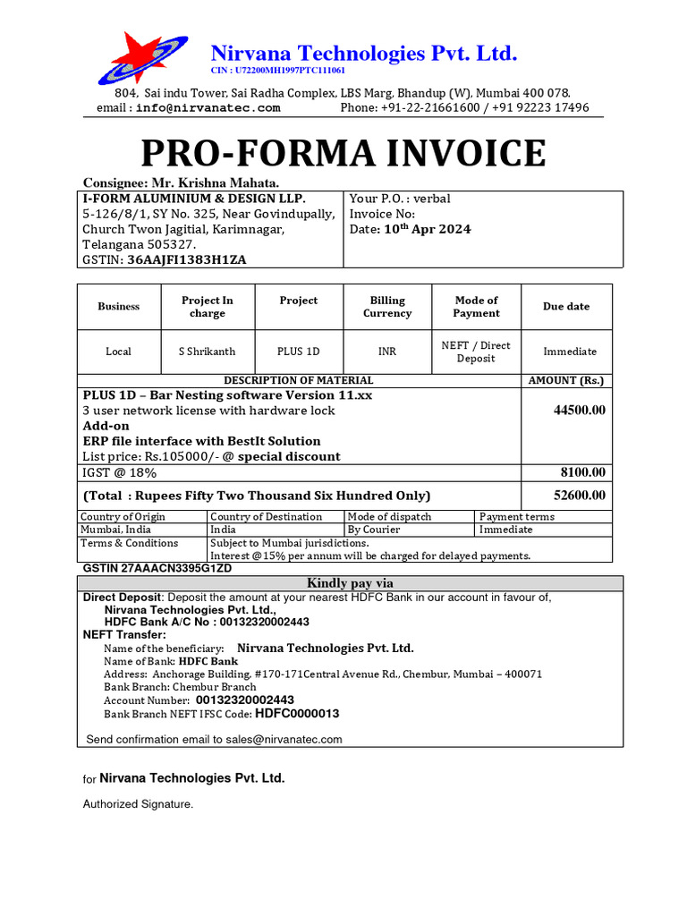 Nirvana Tech. Proforma Invoice for Nestig Soft. 3 User | PDF | Banking