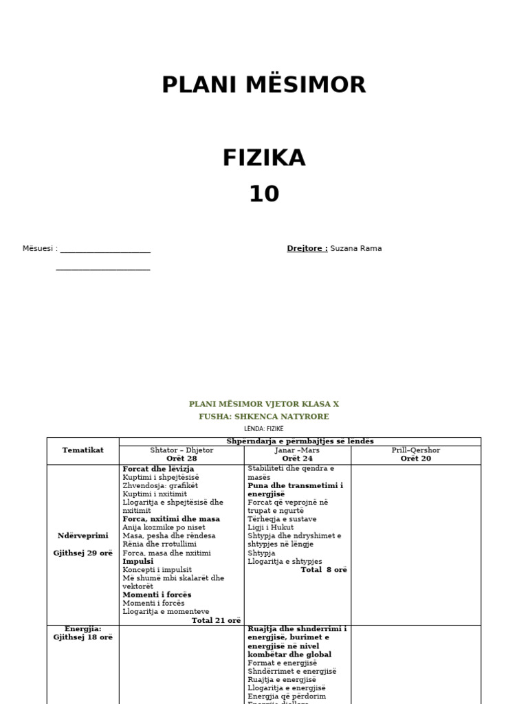 FIZIKA 10 PLANE MESIMORE 2024-2025 | PDF