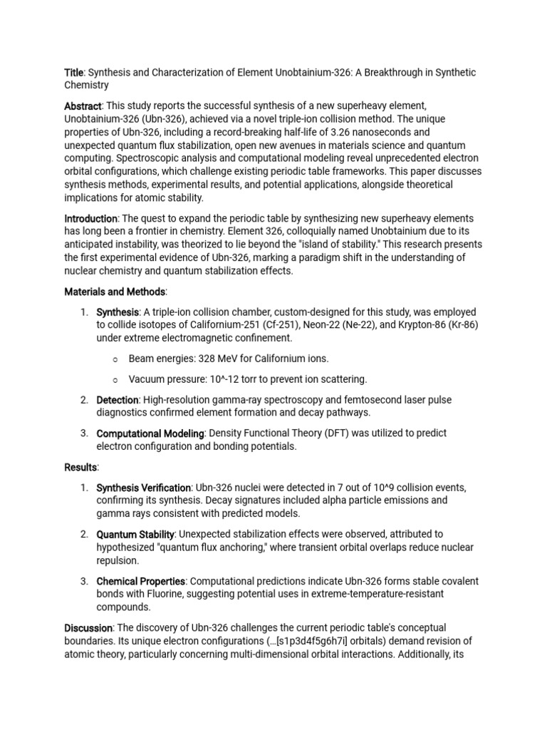Synthesis and Characterization of Element Unobtainium-326 | PDF ...