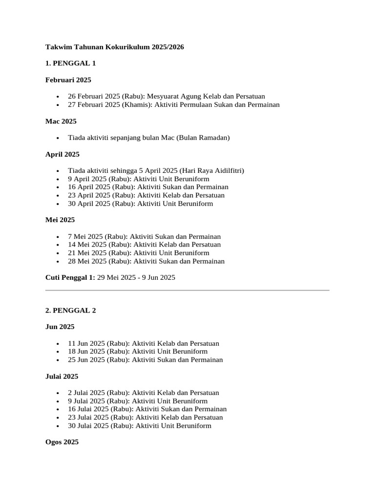 Takwim Tahunan Kokurikulum 2025 | PDF
