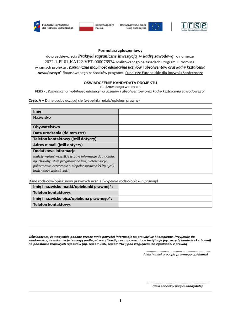 Zalacznik Vii Formularz Zgloszeniowy Hiszpania | PDF