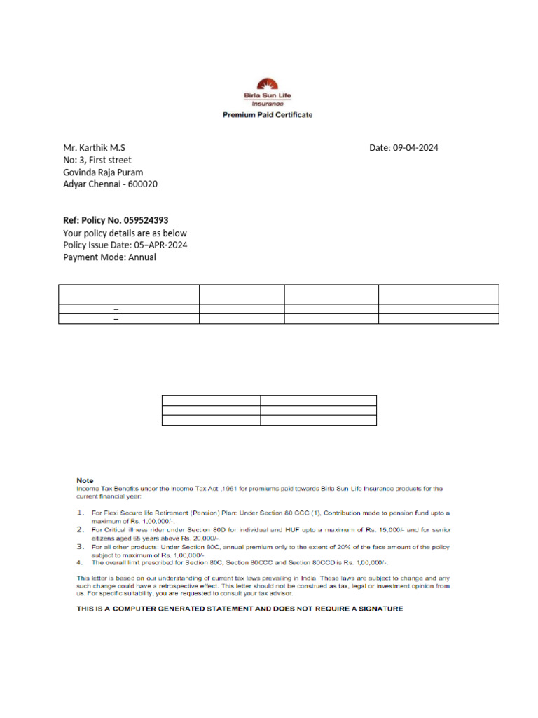 Mediclaim Receipt For Self | PDF