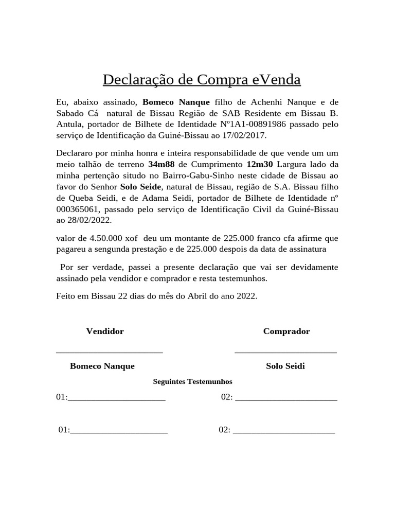 Bomeco Nanque - Declaração de Compra e Venda-1 | PDF