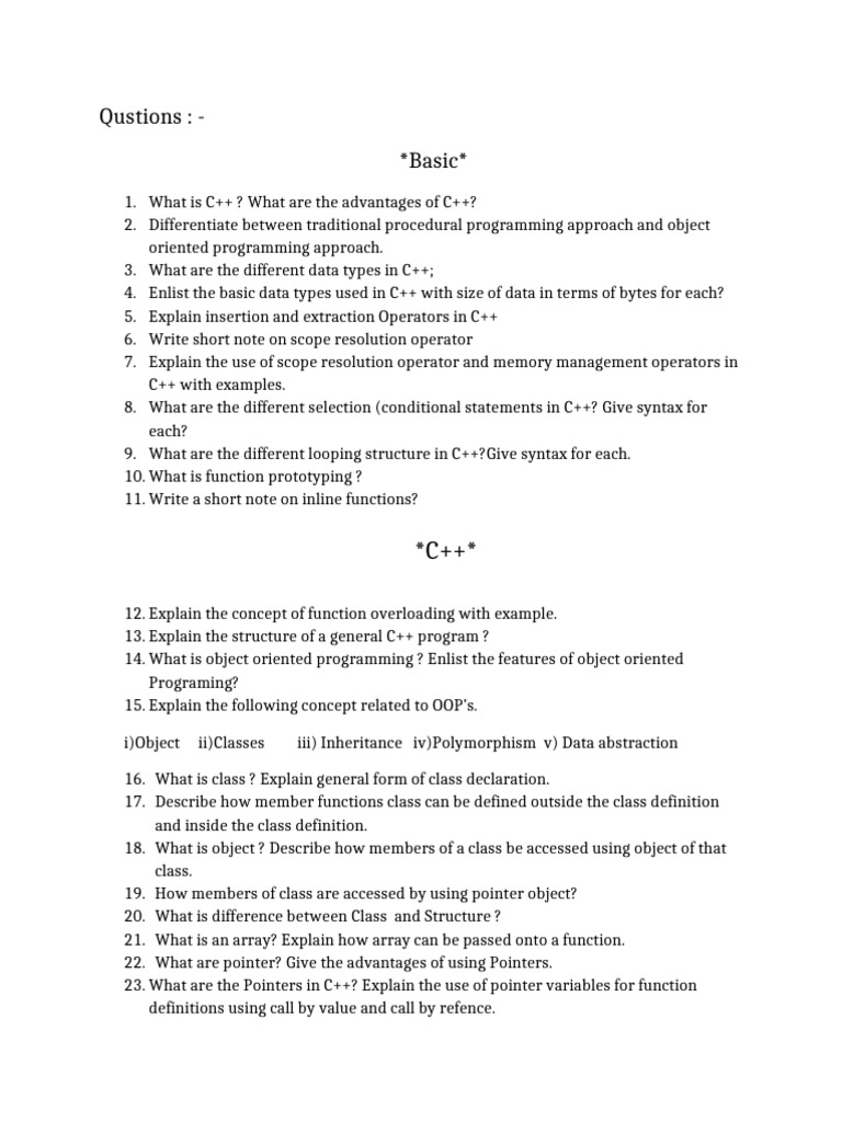 Cpp Qustion Bank Pdf C Object Oriented Programming