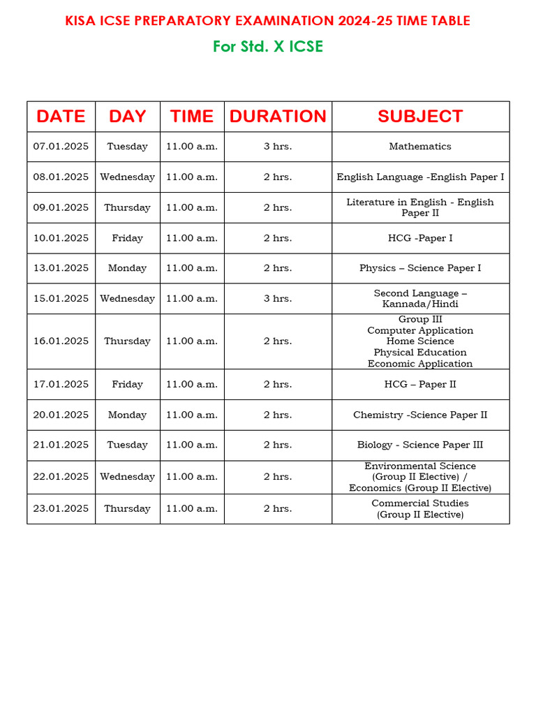 KISA ICSE STD.X Preparatory Time Table 24 25 Sent To Students 1733148293 | PDF