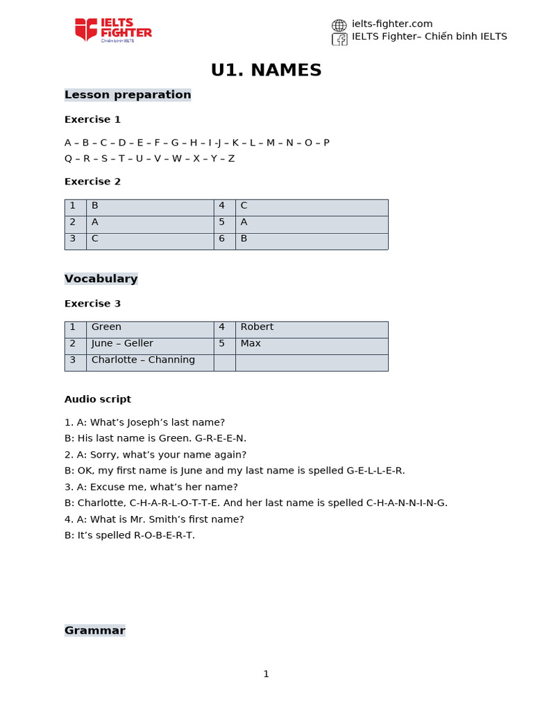 Answer Key. U1. Names | PDF