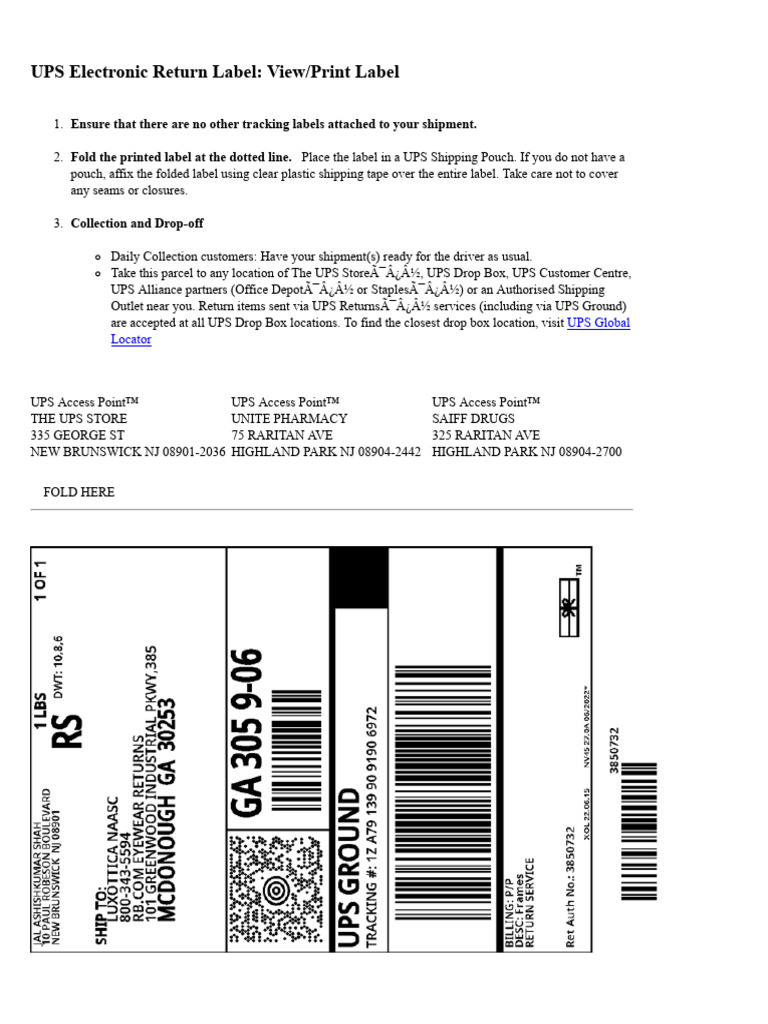 Ups Electronic Return Label View2fprint Label Pdf