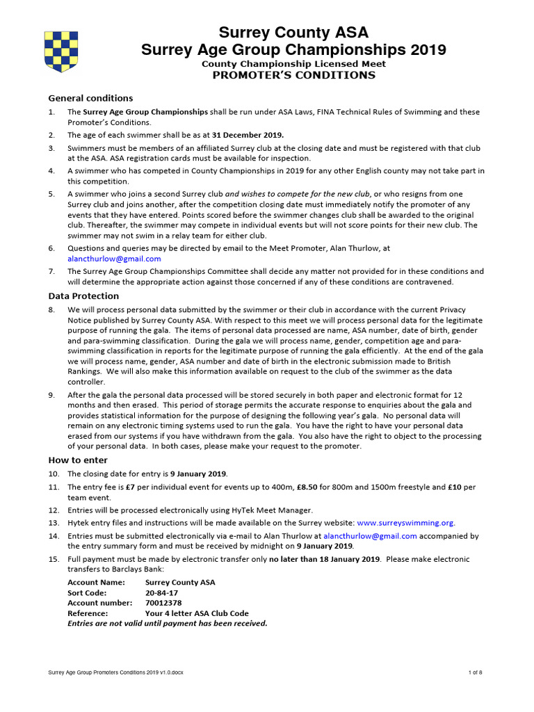 Surrey Age Group Promoters Conditions 2019 v1.0 | PDF | Swimming (Sport ...