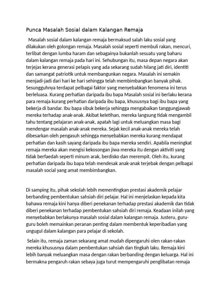Punca Masalah Sosial Remaja | PDF